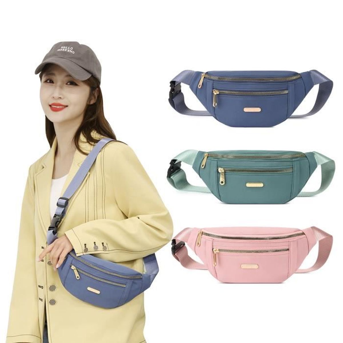 Sac Banane Femme, Tissu Oxford, Sac de Poitrine à Double Fermeture Eclair, Fanny Pack réglable ...
