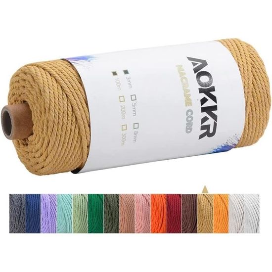 AOKKR Corde Macramé 3mm x 100mm, Fil Macrame de Coton Naturel 4 Brins ...
