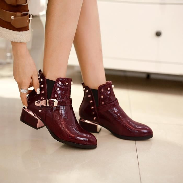 Femmes en cuir verni Cool pointues épaisses bottines mode boucle ...