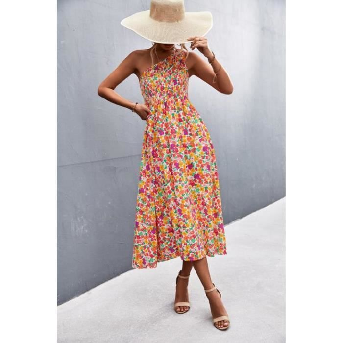 Robe taille haute sexy à fleurs et épaules dénudées pour femmes - Jaune ...