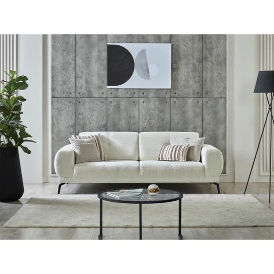 Canapé 3 places en tissu texturé ivoire LETINI - Cdiscount Maison