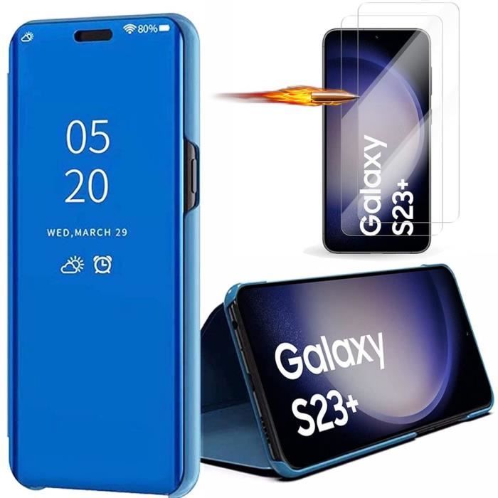 Coque Pour Samsung Galaxy S23 S23 Plus Effet Miroir Bleu 2 Verres