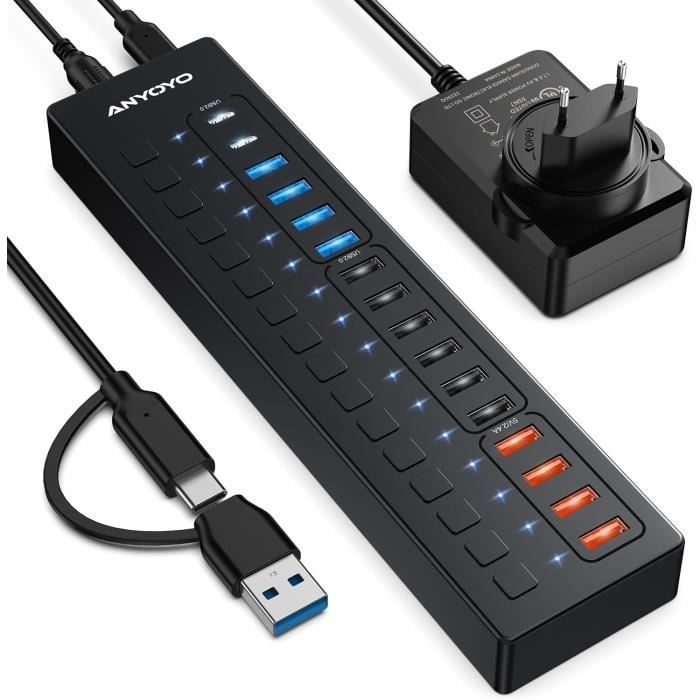 Hub Usb C Actif, Hub Usb 3.0 16 En 1 Avec Bloc D'Alimentation (60 W) Powered Usb Hub Avec 4 ...