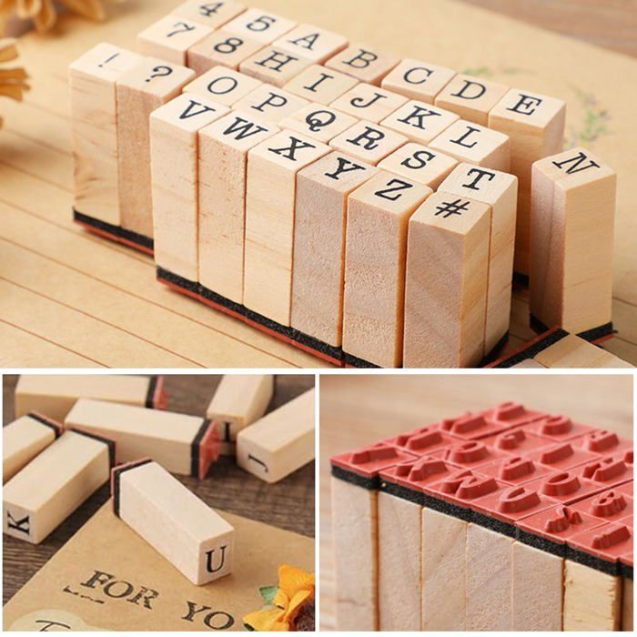 Tampons lettres alphabet bois - 1 ensemble, 40 pièces, Tampon encreur ...