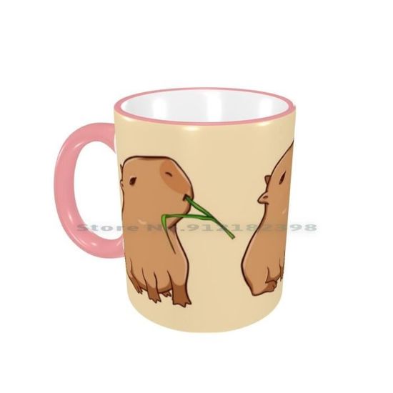 BOL,Border Pink Mug-One Size--Capybara avec une feuille, mangez vos ...