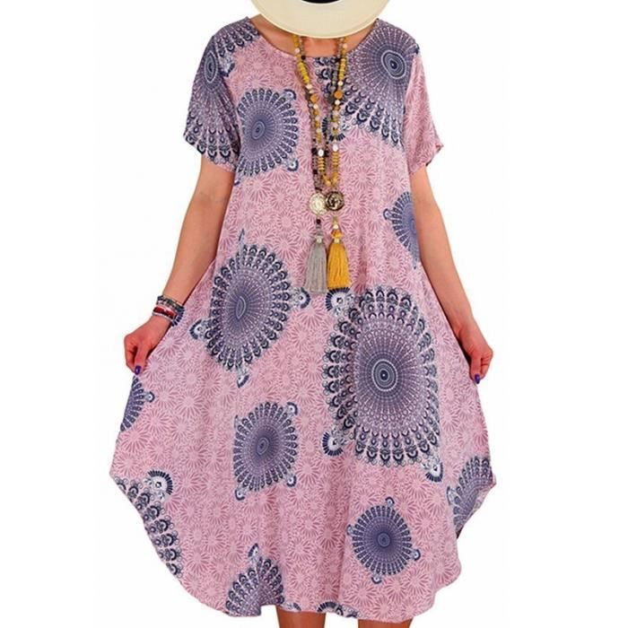 Robe Longue Imprimée Style Boho Ample Décontractée Mi longue Manches ...