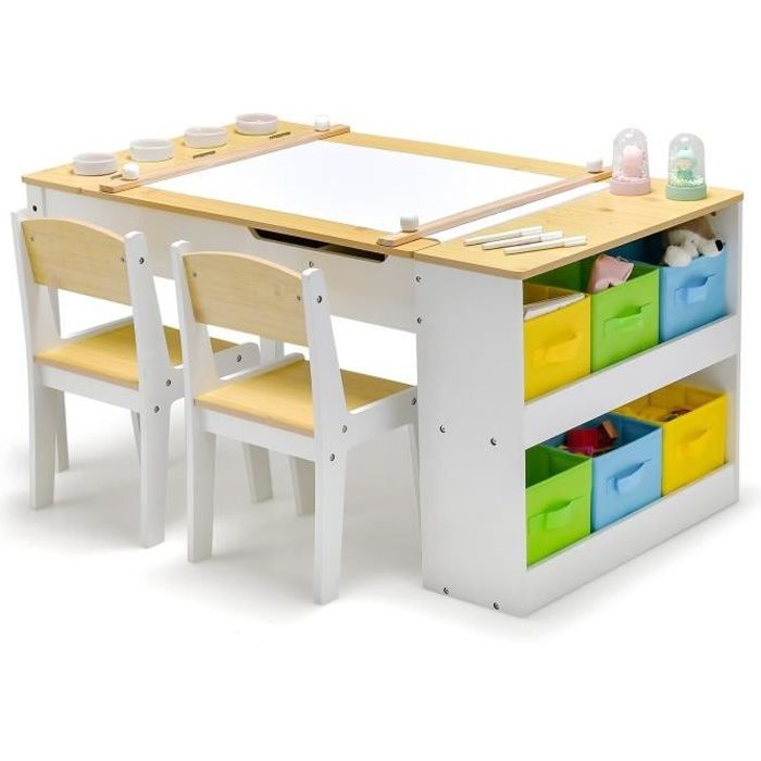 COSTWAY Table avec 2 Chaises pour Enfants, Plateau Inclinable, 6 Boîtes ...