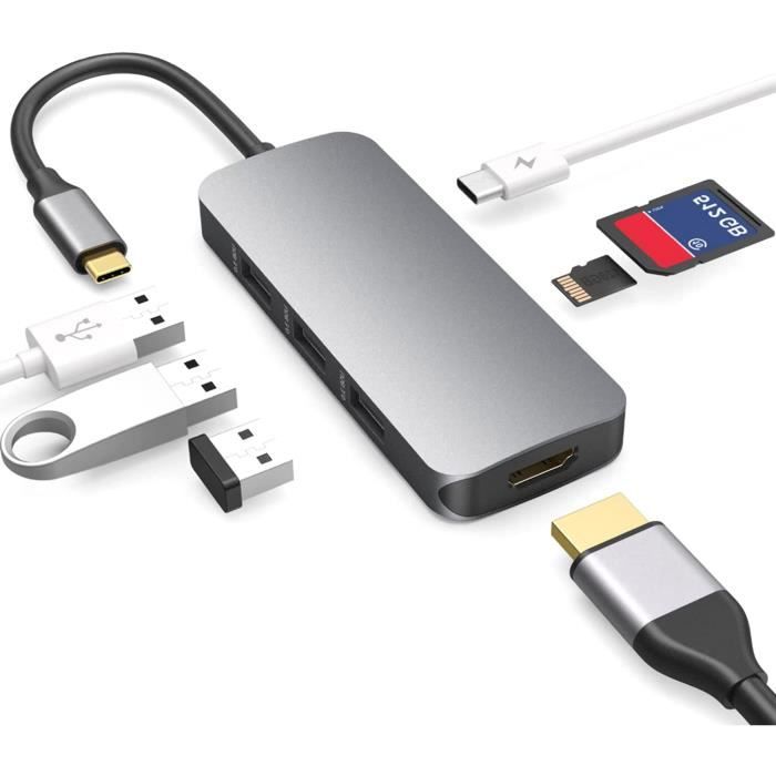 Hub USB C, 7 en 1 Adaptateur USB C Hub USB Alimenté avec HDMI 4K, 3 USB 3.0, 1 SD, 1 TF de ...