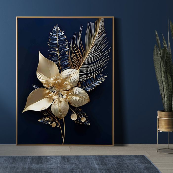 Affiche - 30x40cm - Fleures bleues et dorées - Affiche Poster ...