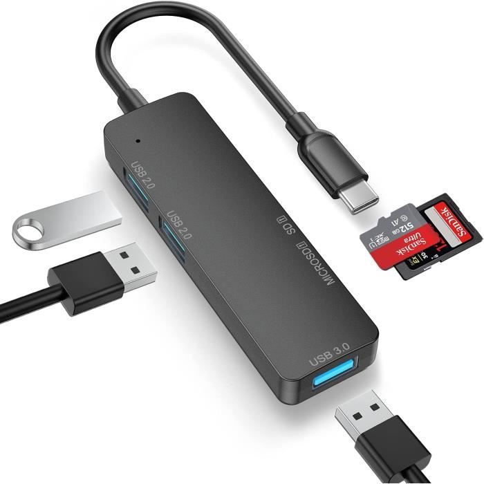 Hub USB multiport 5 en 1 avec Ports USB 3.0 et 2.0, Lecteur de Carte Micro SD + Lecteur de Carte ...