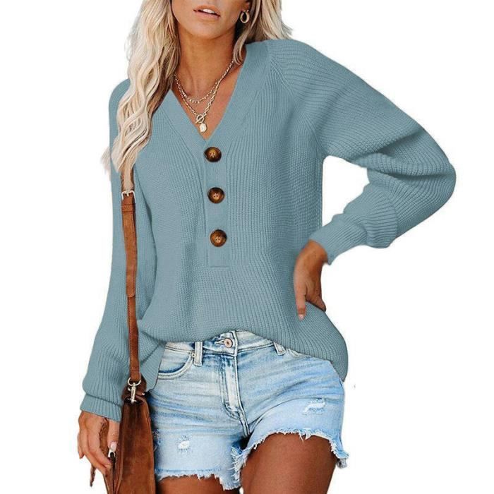 Pull Femme En Tricot Col V Avec Boutons Manches Longues Pullover ...