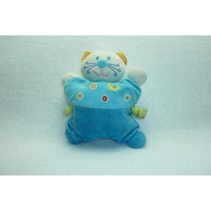 DOUDOU CHAT SEMI PLAT BLEU TURQUOISE ESCARGOT RONDS BRODES NICOTOY ...