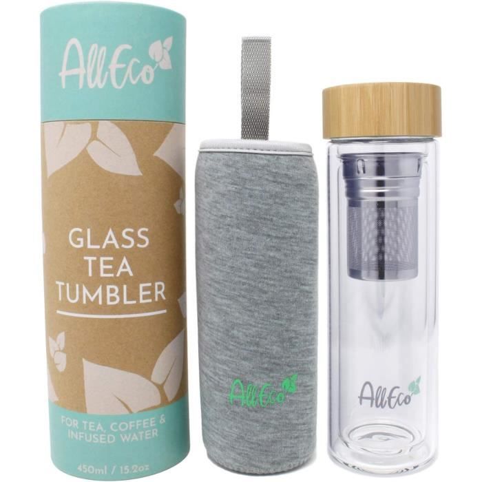 AllEco Bouteille à thé avec passoire 450 ml en verre à double paroi ...