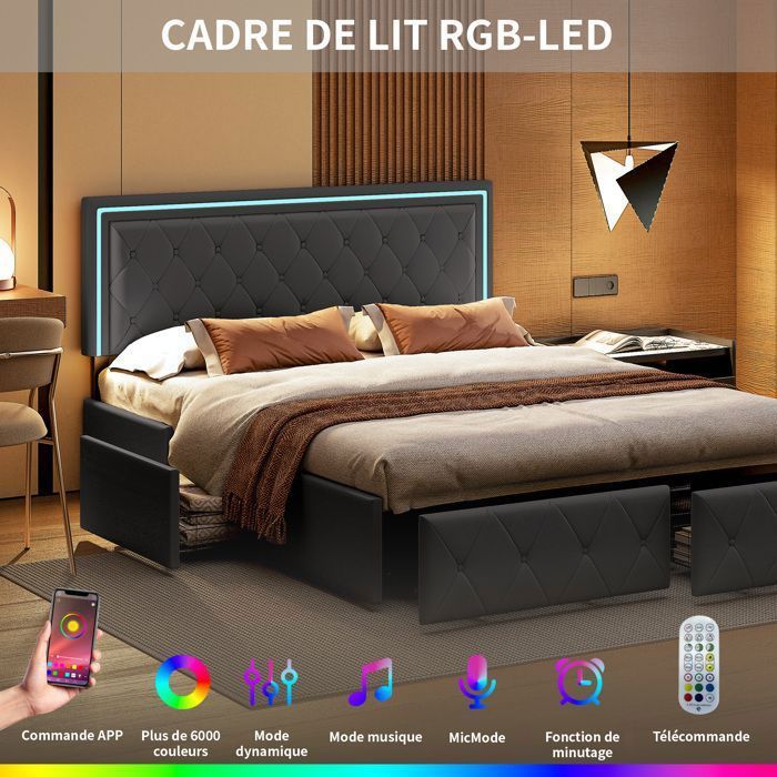 Lit double 140x200 cm simili cuir gris, tête de lit LED, 2 tiroirs ...