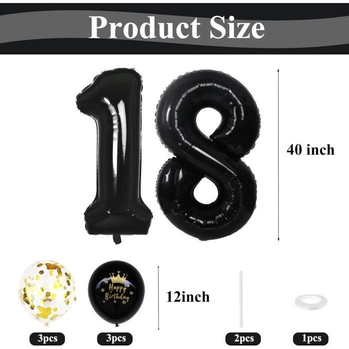 Ballon Anniversaire 18-81 Ans Noir, 101 Cm Ballon Chiffre 18, Happy ...