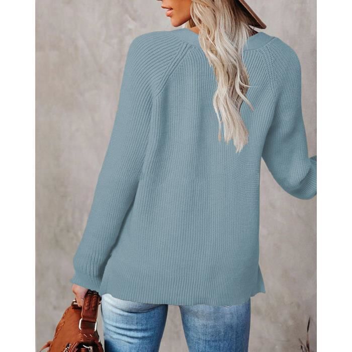 Pull Femme En Tricot Col V Avec Boutons Manches Longues Pullover ...