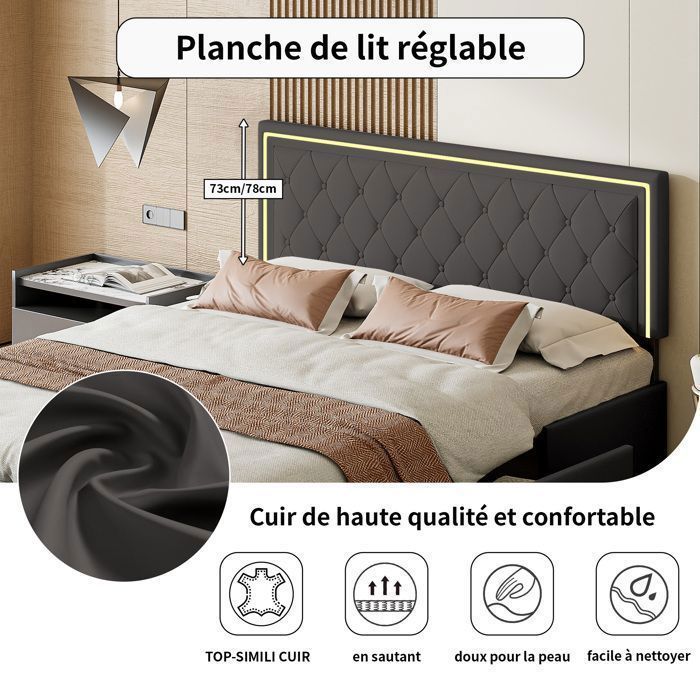 Lit double 140x200 cm simili cuir gris, tête de lit LED, 2 tiroirs ...