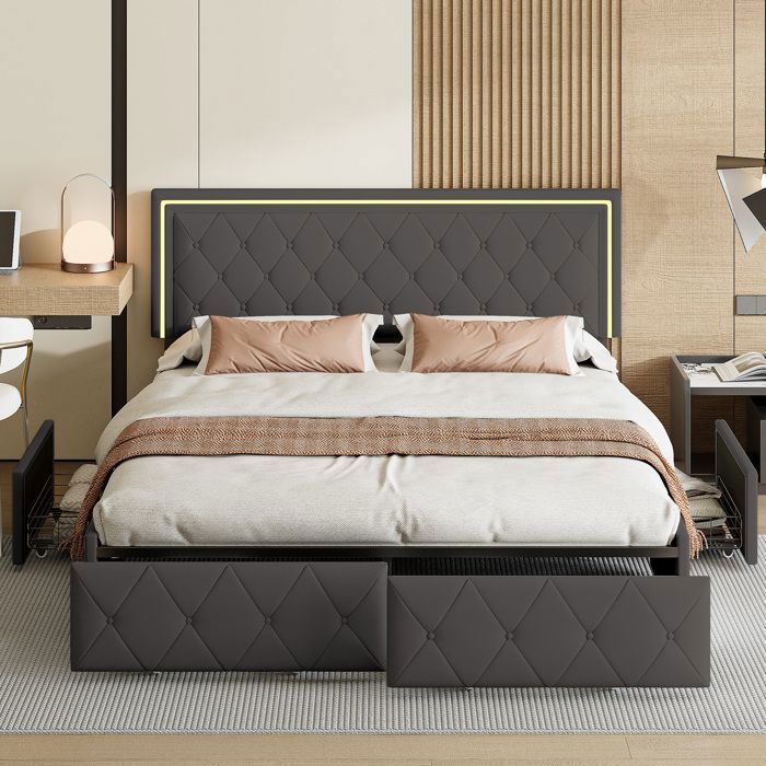 Lit double 140x200 cm simili cuir gris, tête de lit LED, 2 tiroirs ...
