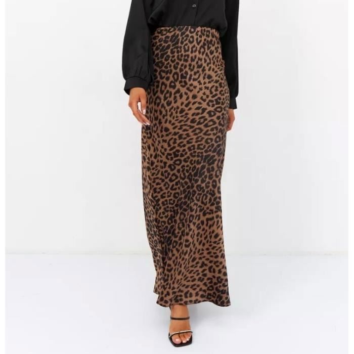 Jupe longue en satin imprimé léopard taille haute pour femme Léopard ...