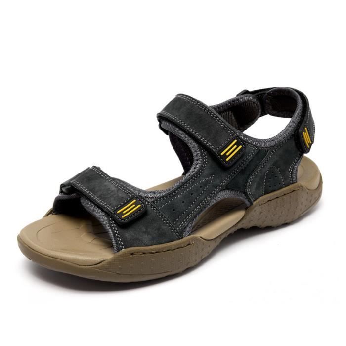 Sandales Homme Ete Cuir Bout Ouvert Scratch Sandales de Randonnée pour ...