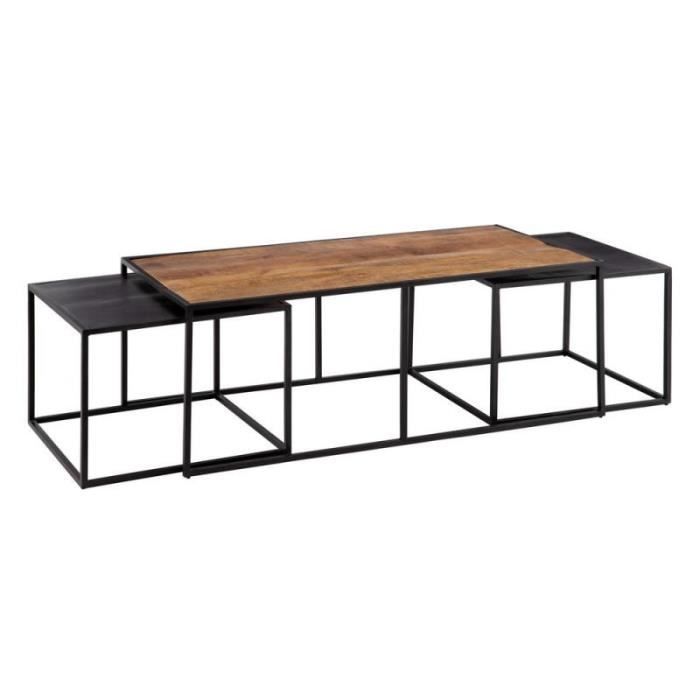 Trio Tables basses gigognes Bois massif/Noir - MALARA - L 120 x l 60 x ...