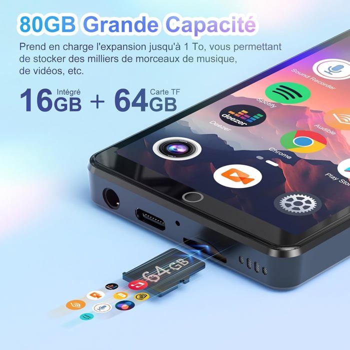Lecteur MP3 avec Bluetooth et WiFi, joliker 80Go Lecteur de Musique Mp3 ...