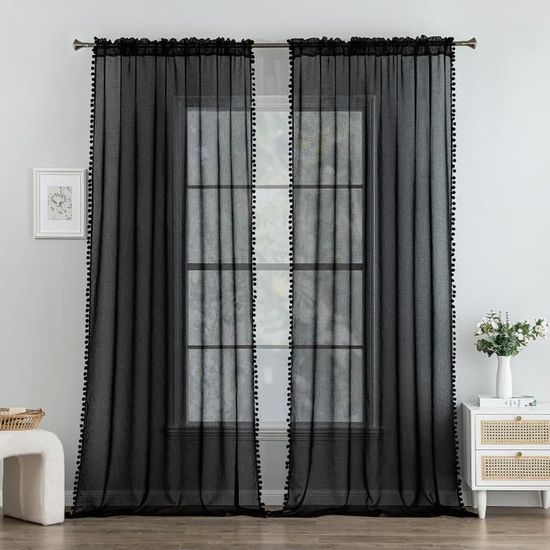 Miulee Rideau Voilage Noir Avec Boule Peluche, Voilage Passe Tringle ...