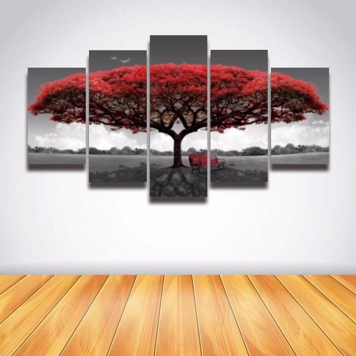 5 panneau imprimé arbre rouge art paysage peinture peindre toile décor ...