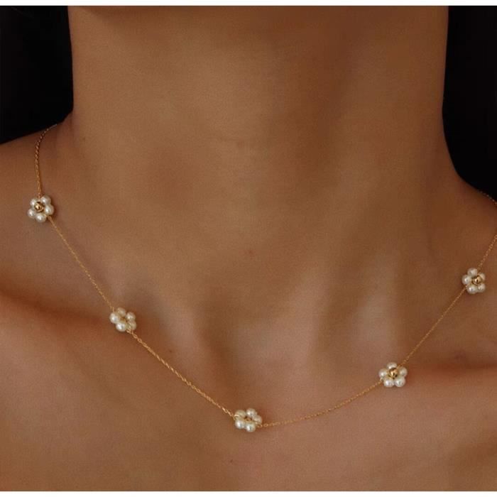 Chaine De Cou Vendue Seule U4KAE Perle marguerite fleur collier ras du ...