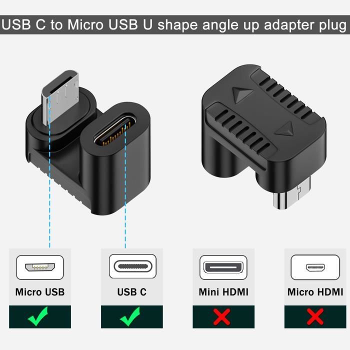 Adaptateur USB C vers Micro USB coudé en U Adaptateur USB C femelle vers Micro USB mâle - Angle ...