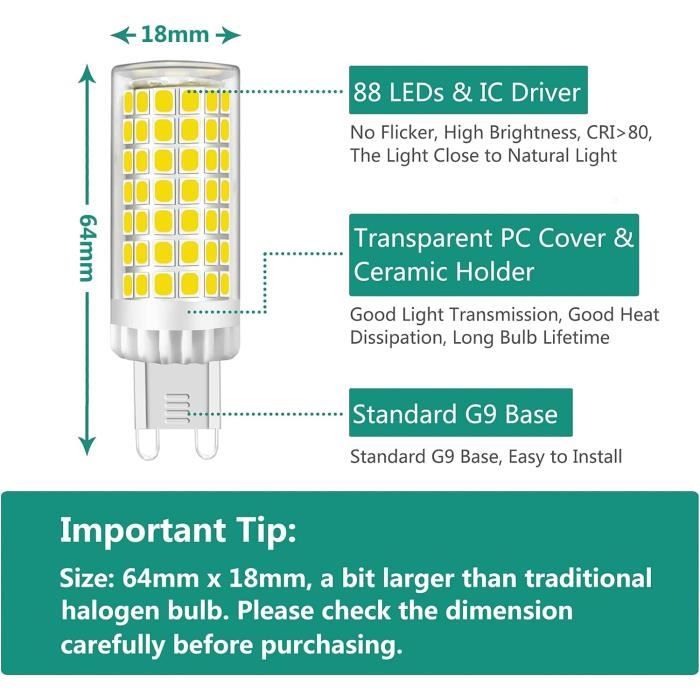 Ampoule Led G9 9W, Sans Scintillement, Blanc Froid 6000K, 750Lm, Équivalent 75W Halogène, 88-Led ...