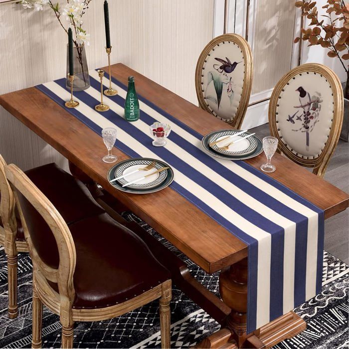 Chemin de Table Bleu Marine Rayé Chemin de Table Moderne en Lin Décor ...