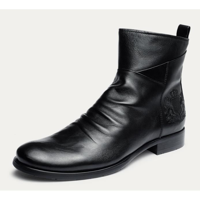 Bottines en cuir pour homme - Noir - Fermeture éclair - Talon plat Noir ...