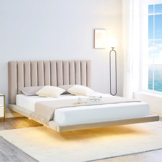 Lit Design Flottant - MEUBLER DESIGN - Flat - Velours Taupe - 160x200 ...