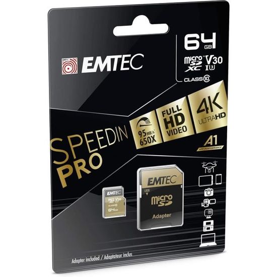 Carte Microsd Uhsi U3 V30 A1 64 Gb, 64 Go Ecmsdm64Gxc10Sp Gamme Speedin ...