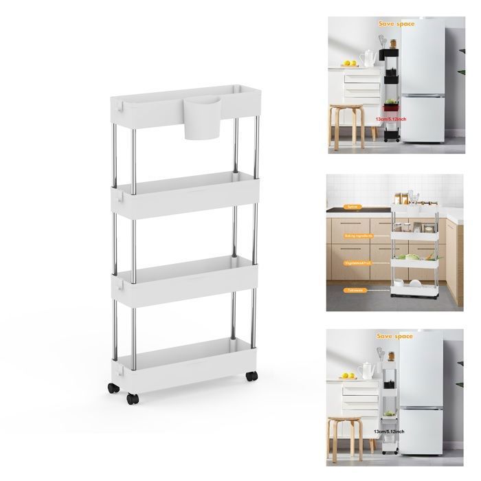 Blanc Etagère étroite à 4 niveaux pour cuisine, salon, chambre et salle de bain, Desserte mobile ...