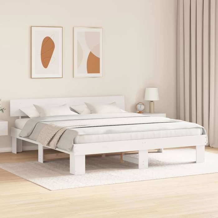 Elégant Lit Double, moderne Structure de lit avec tête de lit Blanc 200 ...
