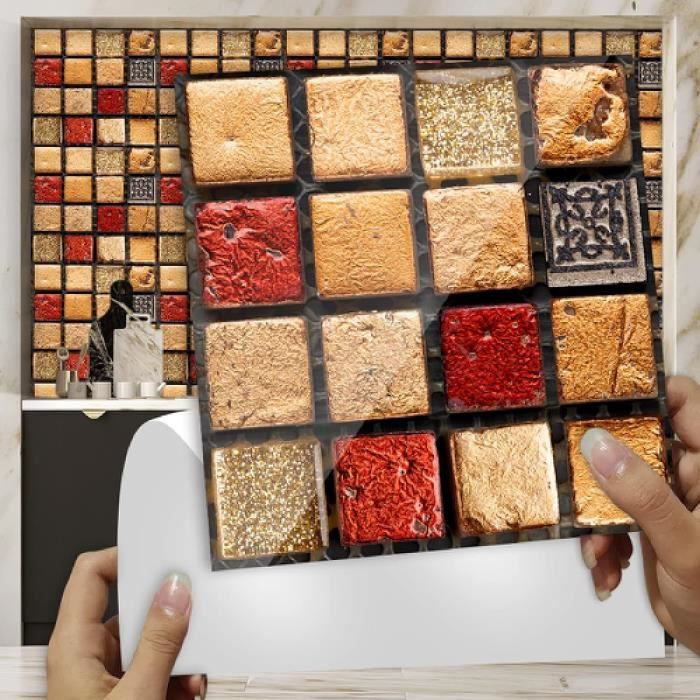 Stickers Cuisine Mosaïque Brun Rouge Credence Adhesive Pour Cuisine Pvc ...
