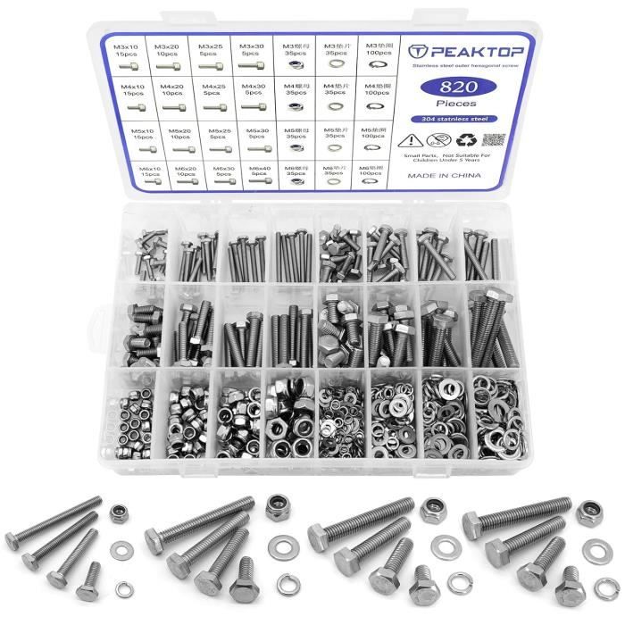 Lot de 820 écrous et boulons M3-M4-M5-M6, boulons hexagonaux en acier inoxydable 304, rondelles ...