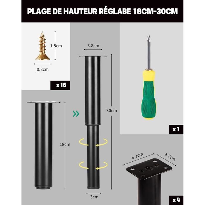 4 Pcs Pied de Meuble Reglable Pieds Table Basse Reglable Hauteur 18-30 ...
