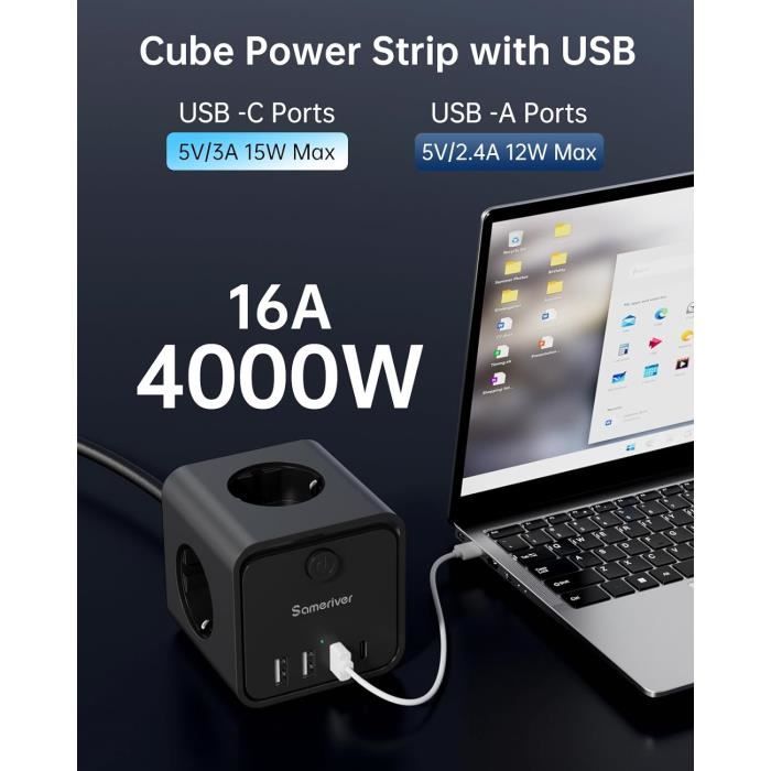 Multiprise USB Cube,Cube Rallonge Multiprise 2M avec 3 Prises AC,3 USB ...