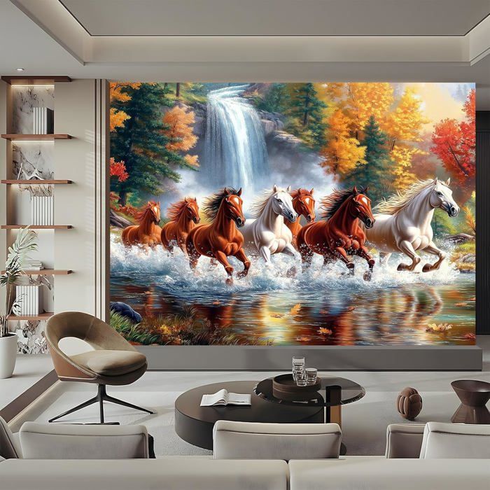 Papier Peint Panoramique Forêt Cheval Cascade Marron Blanc 350 X 256 Cm ...