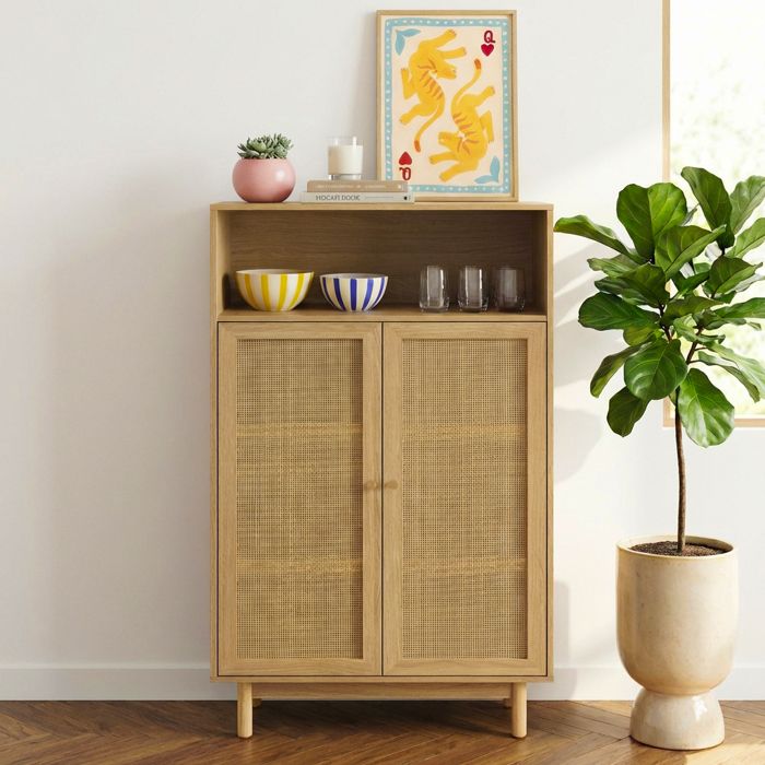 Buffet HELENA effet chêne et cannage rotin 2 portes 80 cm - Bois ...