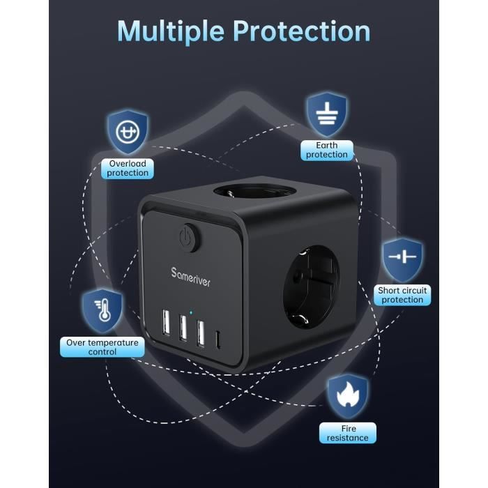 Multiprise USB Cube,Cube Rallonge Multiprise 2M avec 3 Prises AC,3 USB et 1 Type C, 1 ...