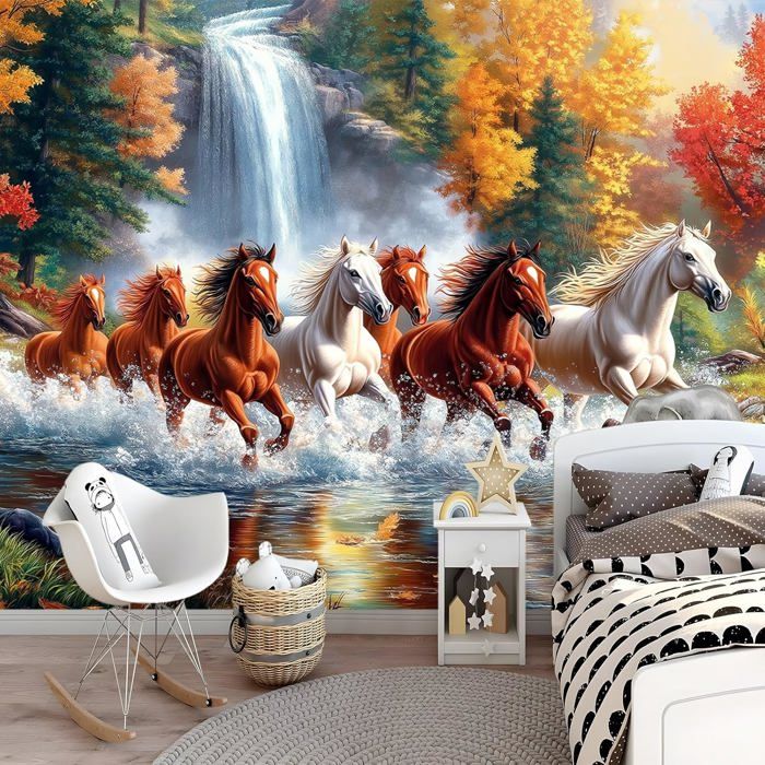 Papier Peint Panoramique Forêt Cheval Cascade Marron Blanc 350 X 256 Cm ...