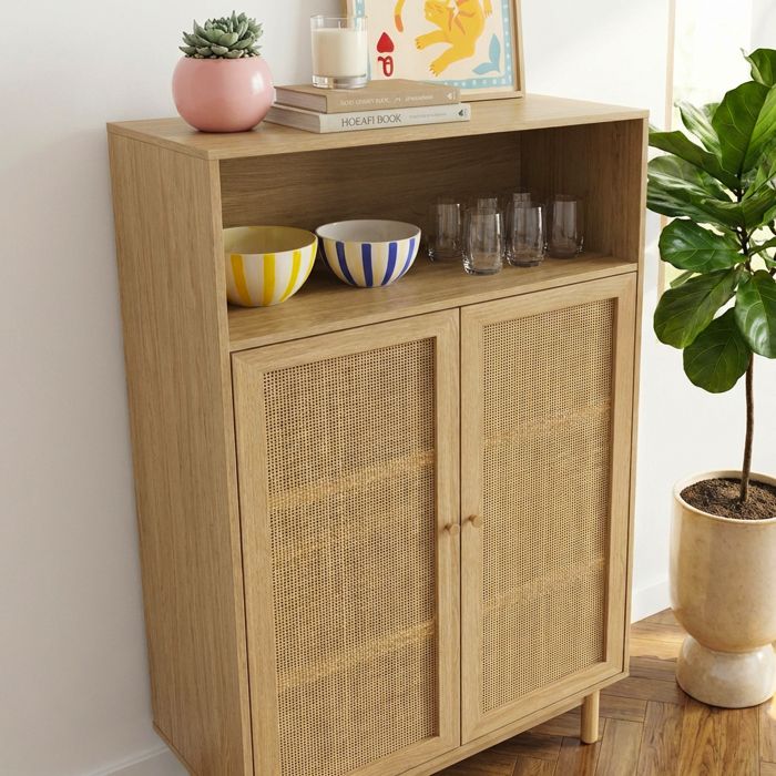 Buffet HELENA effet chêne et cannage rotin 2 portes 80 cm - Bois ...