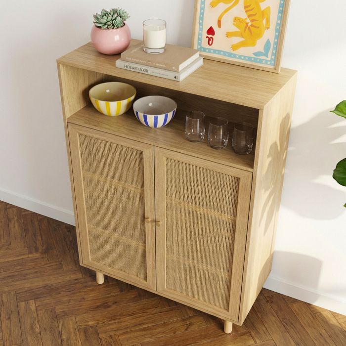 Buffet HELENA effet chêne et cannage rotin 2 portes 80 cm - Bois ...