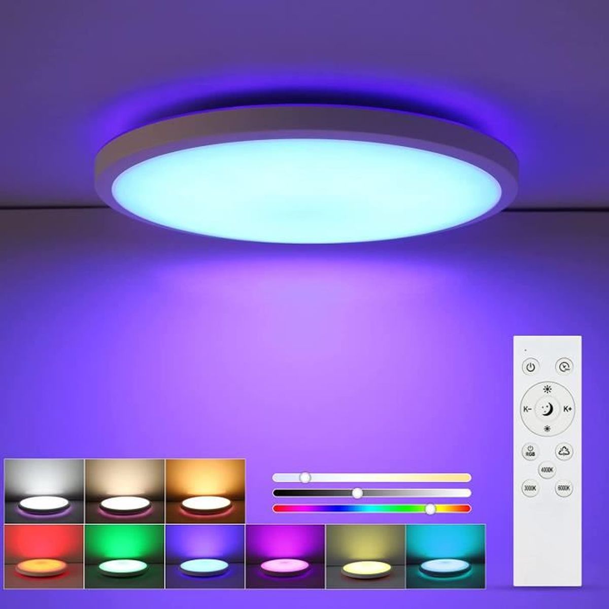 Plafonnier LED RGB AISKDAN - 6 Couleurs - Télécommande - IP44 étanche ...
