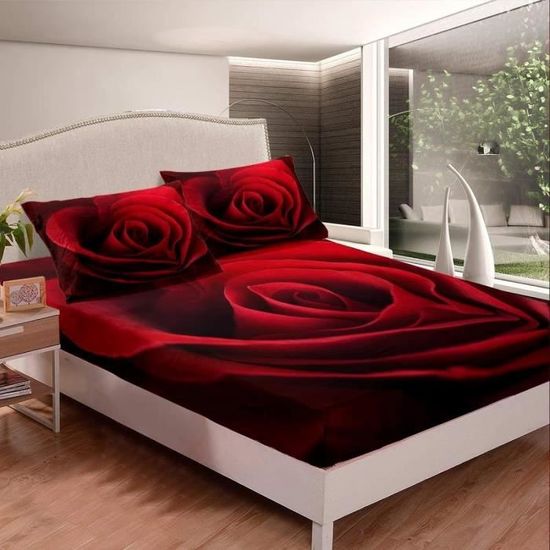 Drap Housse 140X200 Rose Rouge Drap-Housse Fleurs Drap Plat Pour Lit ...