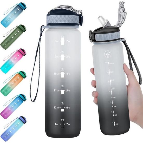 Bouteilles d'eau avec paille 1 litres, Gourde sport avec Fitness motivant et marqueurs de temps ...